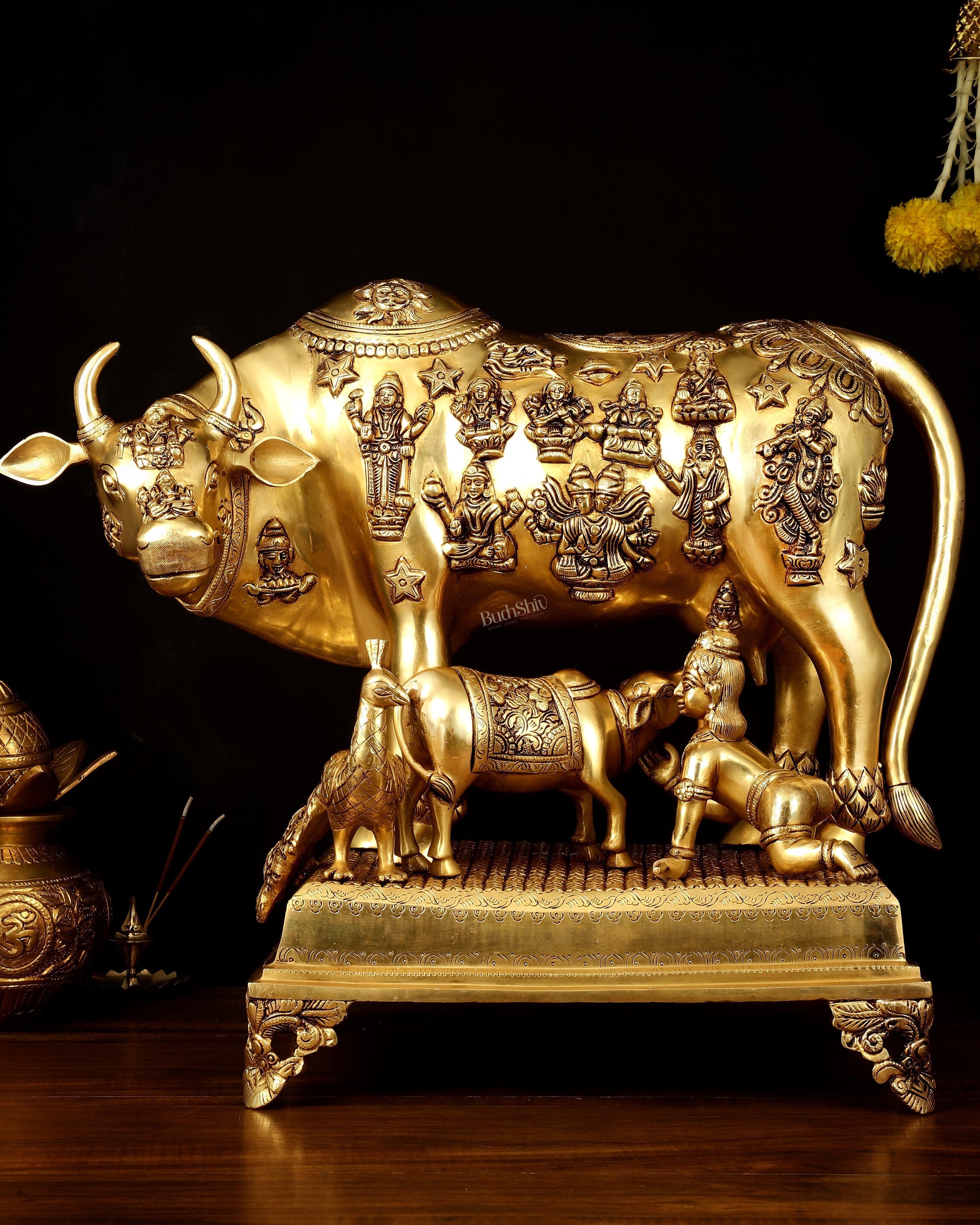 Brass Kamdhenu Large Cow with Calf, bal gopal and engraved deities 20"