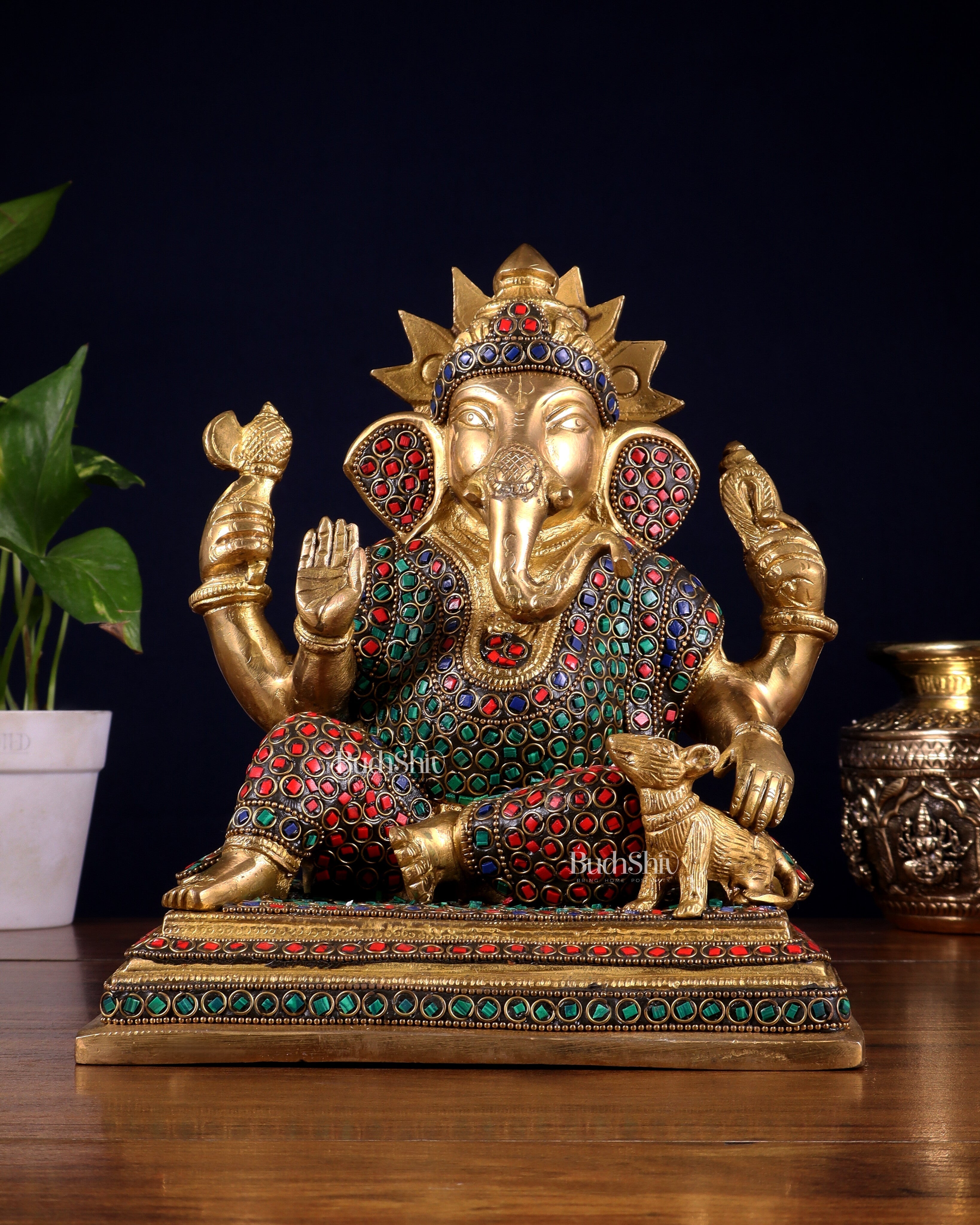 Pure Brass Ganesha with Mooshak Statue – Stonework Finish (9 Inch, 4.8