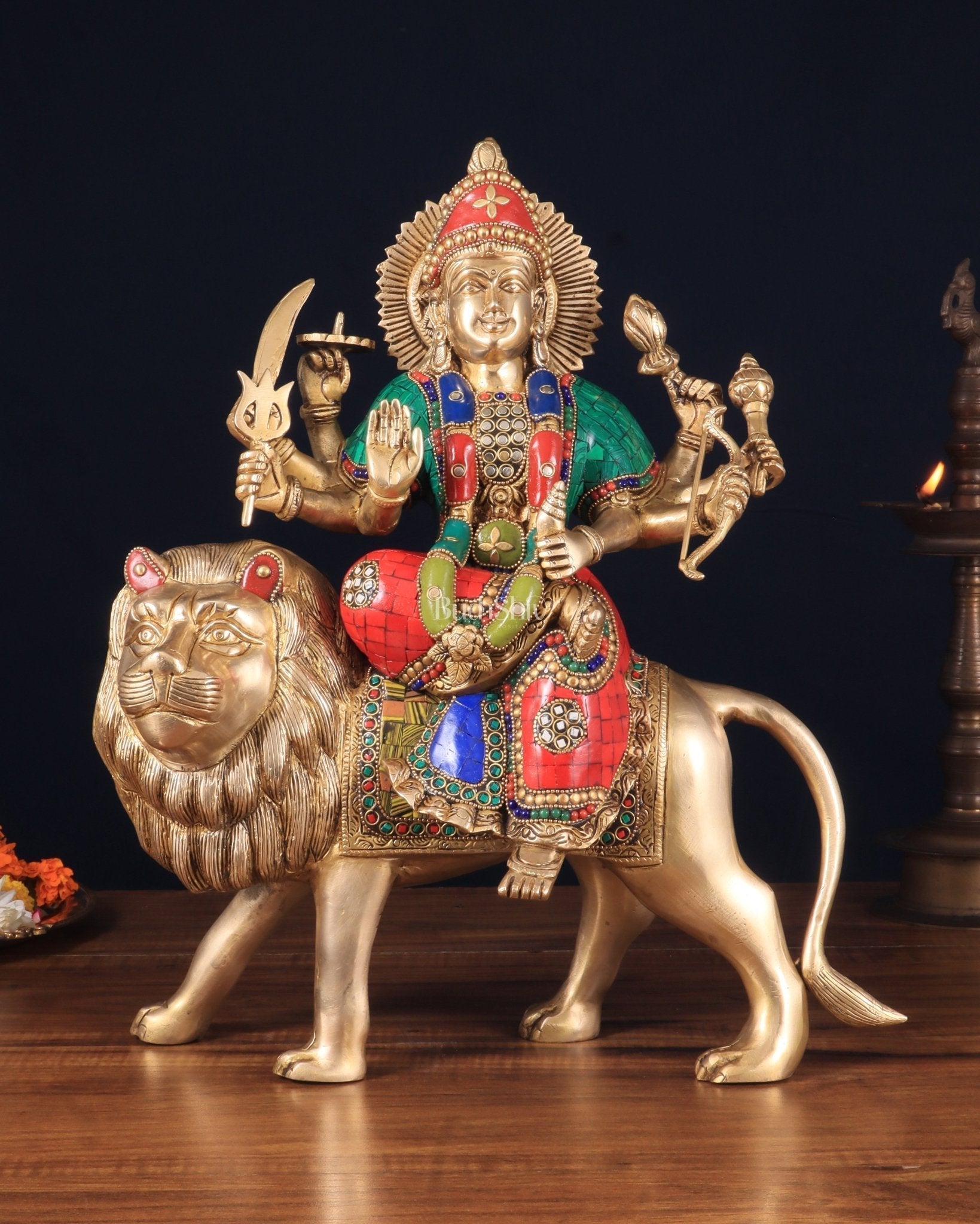 Brass Goddess Durga ma Statue – 17 Inches, Sherawali Mata Murti | 100%