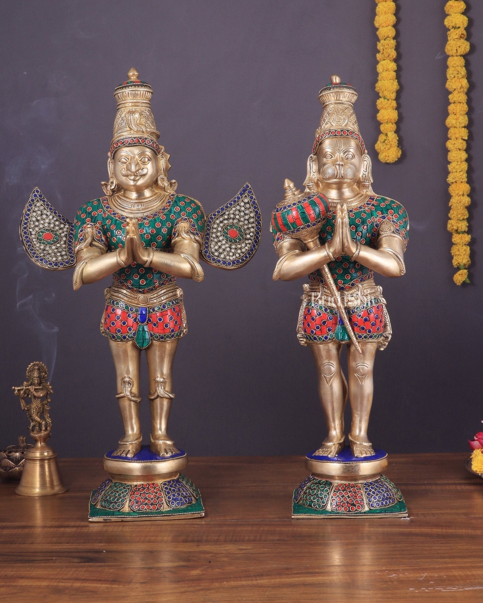 Pure Brass Lord Hanuman and Garuda Statue pair 22" meenakari